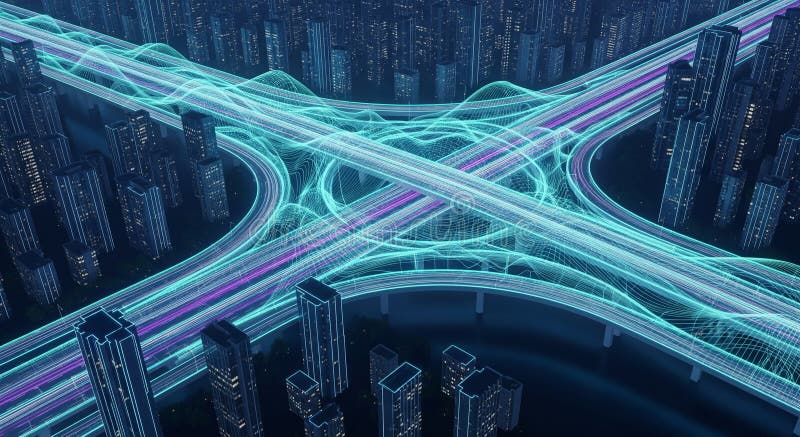 An Aerial View of a Future Smart City at Night, Where Glowing Data ...