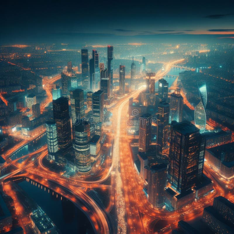 Aerial View of Futuristic City at Night Stock Photo - Image of roadways ... Aerial View of Futuristic City at Night Stock Photo - Image of roadways ...