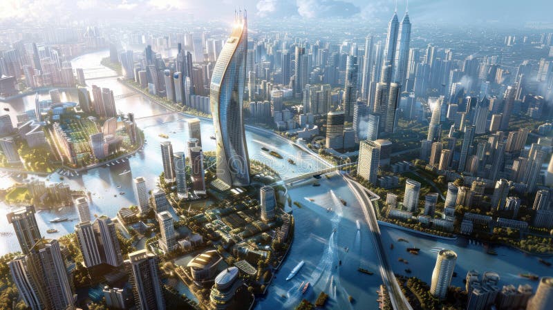 An Aerial View of a Futuristic City with Skyscrapers and a River ...