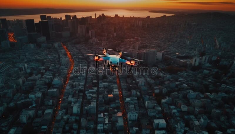 Aerial View of Futuristic Cityscape, Drones Surveilling with Wireless ...