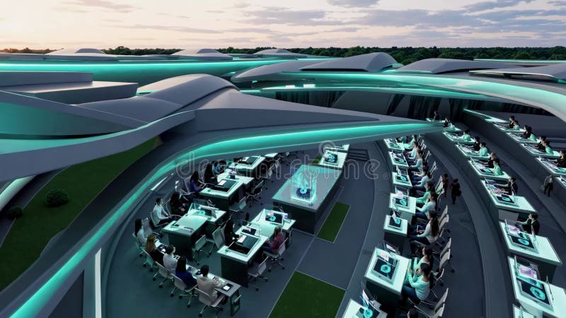Aerial View of Futuristic Command Center with High-Tech Workstations ...