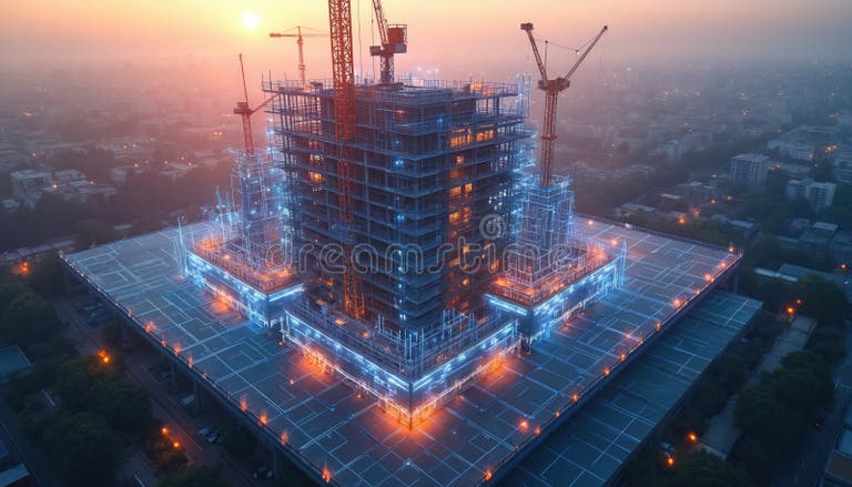 Aerial View of Futuristic Megapolis Construction Site. Building Under ...