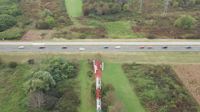 Aerial View, 5G Mobile Network Tower with Repeater Antennas and Road ...
