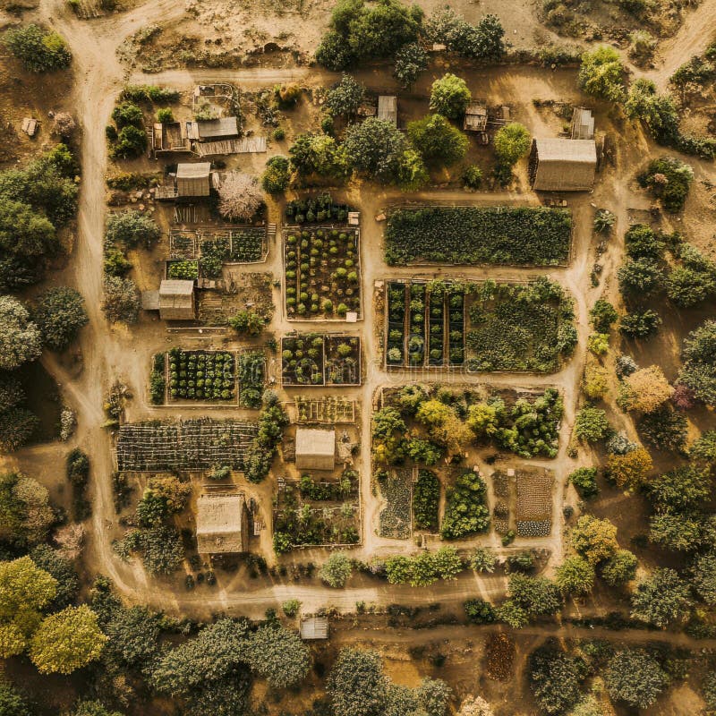 Aerial View of a Garden with Rows of Plants and Small Structures Stock ...