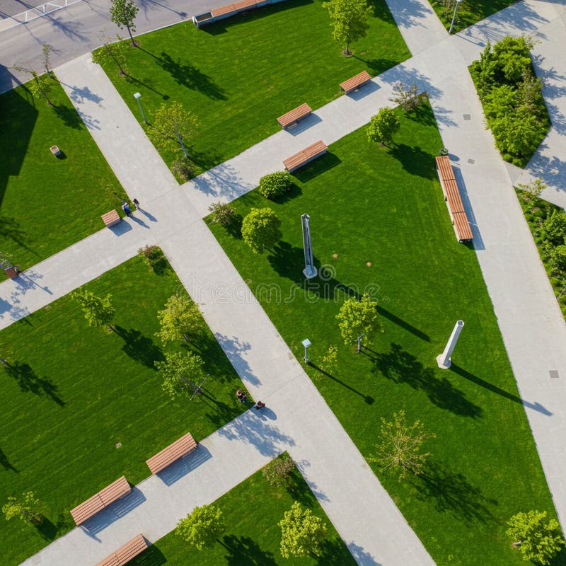 Aerial View of a Geometric Park Layout with Intersecting Concrete ...