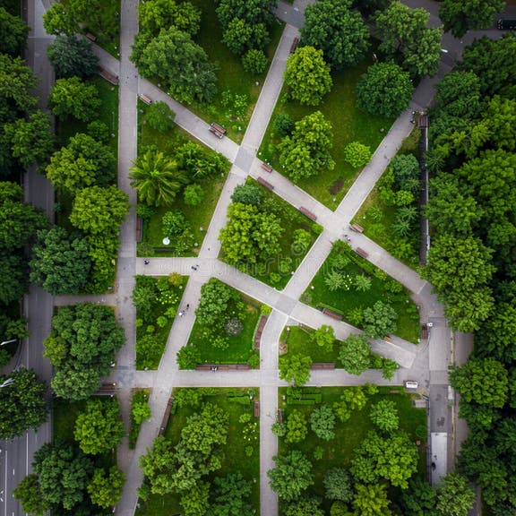 Aerial View of a Geometric Park Layout with Intersecting Paths Forming ...