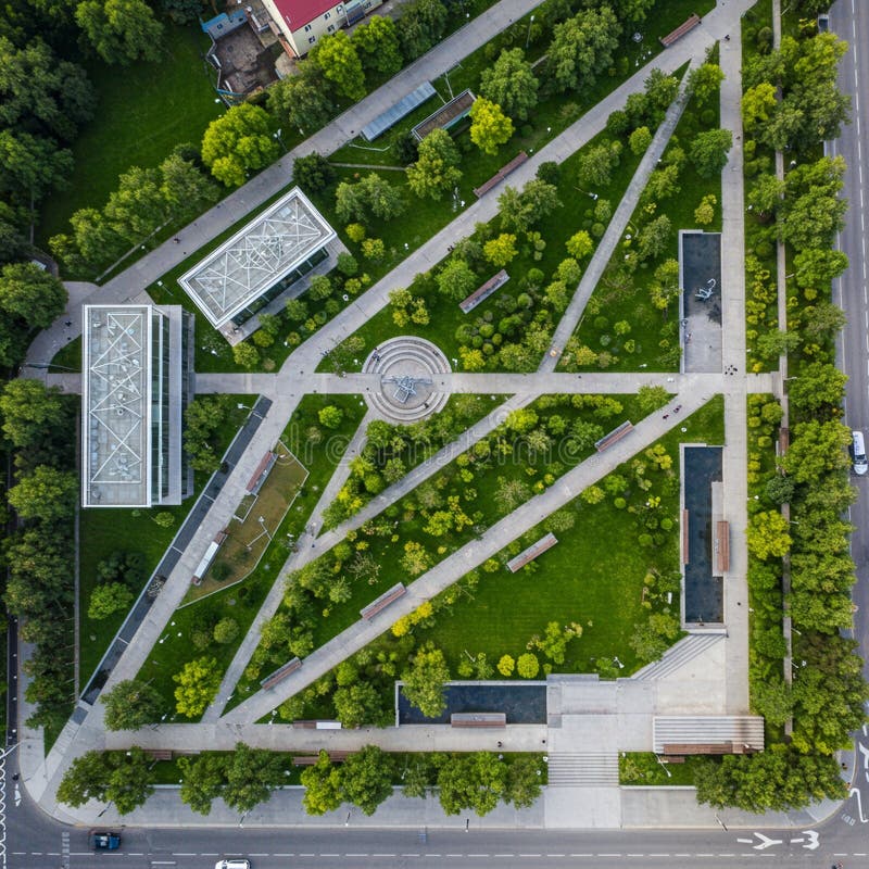 Aerial View of a Geometrically Designed Park with Intersecting Concrete ...