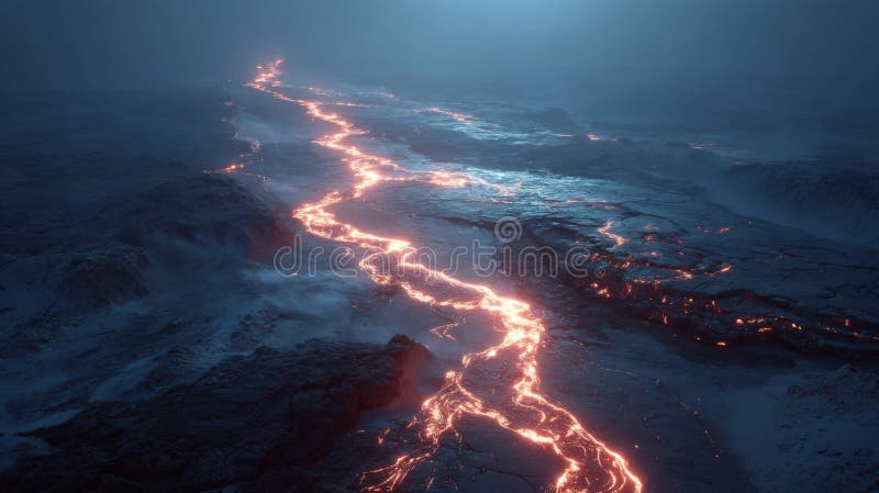 Aerial View of Glowing Lava Flow at Night Stock Illustration ...