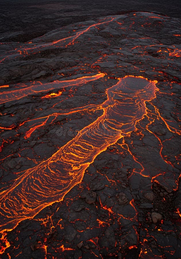 Aerial View of Glowing Lava Flowing on Dark Volcanic Rock Stock ...