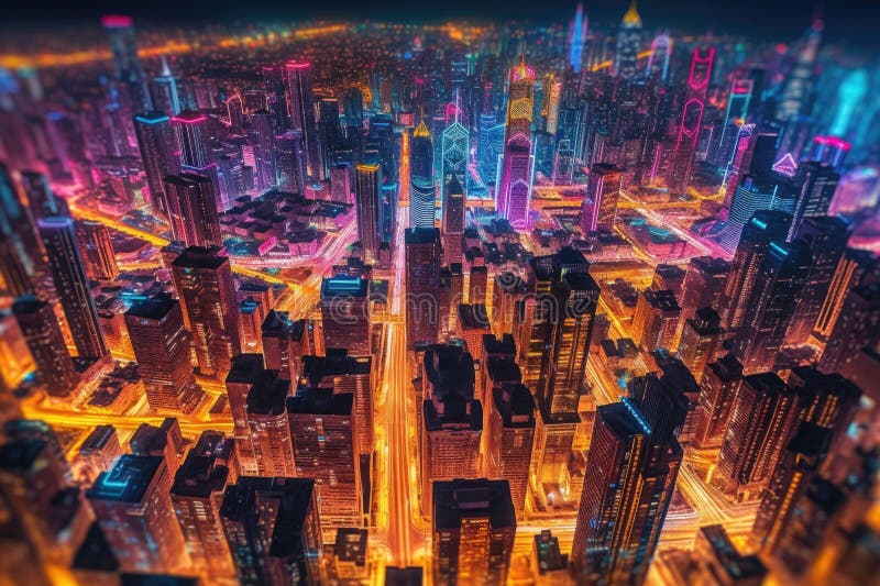 Aerial View of Glowing Neon City Skyline Stock Illustration ...