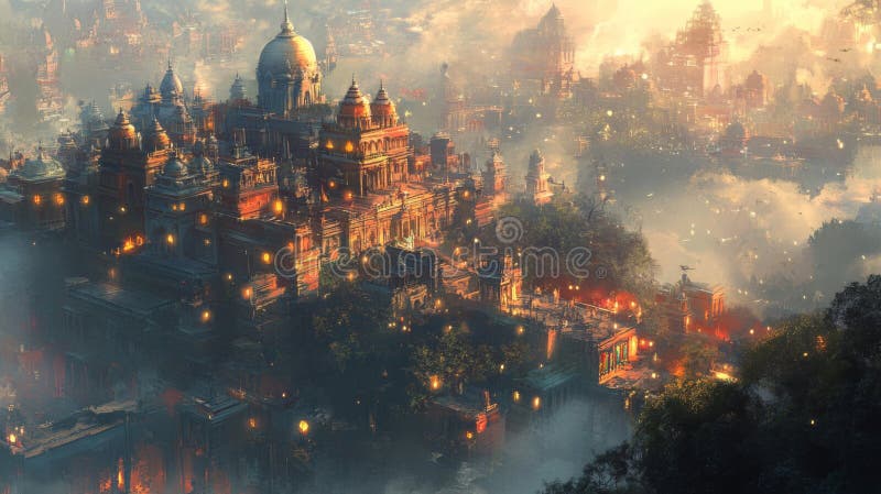 Aerial View of a Golden City at Sunset Stock Illustration ...