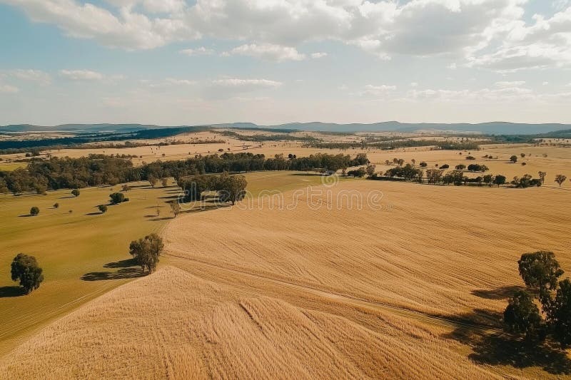 Aerial View of Golden Fields and Rolling Hills Under Blue Sky Stock ...
