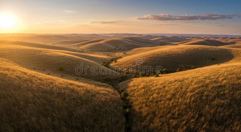 Aerial View of Golden Hills at Sunset Stock Illustration - Illustration ...