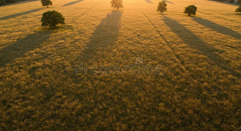 Aerial View of Golden Wheat Field at Sunset with Long Tree Shadows ...