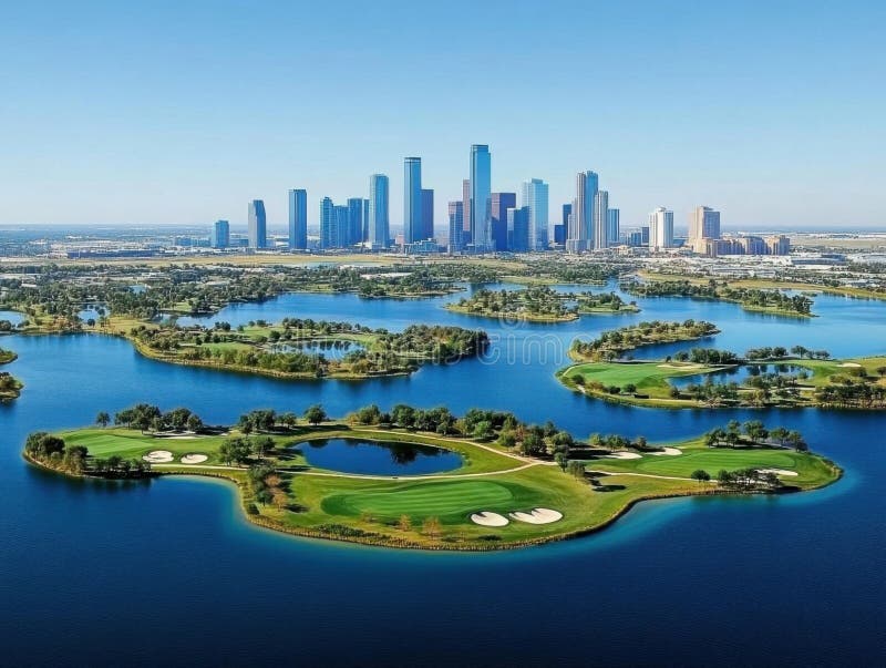 Aerial View of a Golf Course with the City Skyline in the Background ...