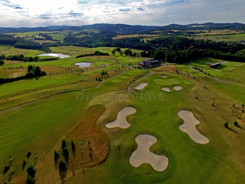 Aerial view of golf course stock photo. Image of trees - 138836932