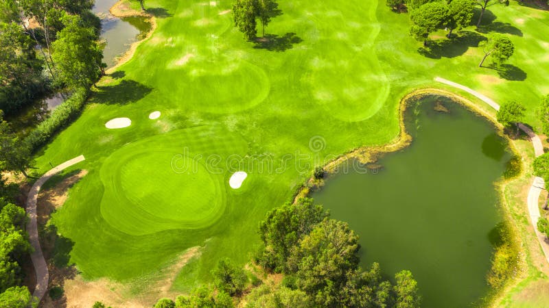 Aerial View of a Golf Course with Putting Greens, Sand Bunkers, and a ...