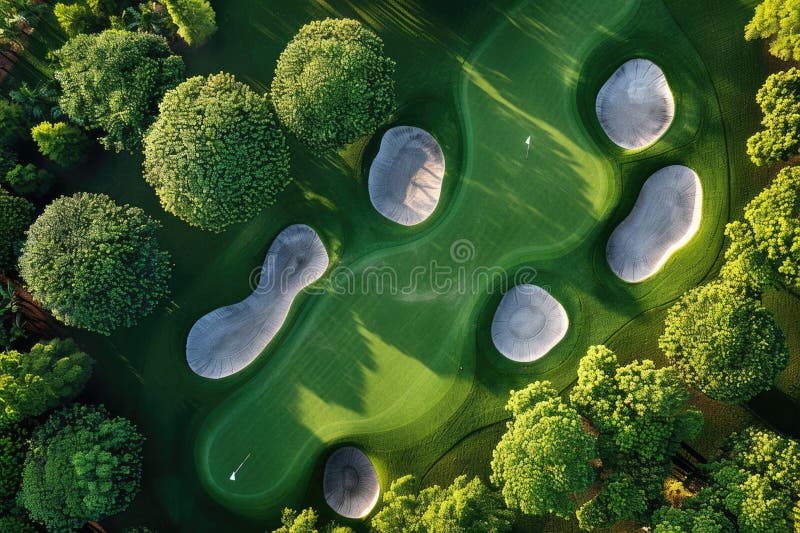 Aerial View of Golf Course with Sand Bunkers and Putting Green Grass ...