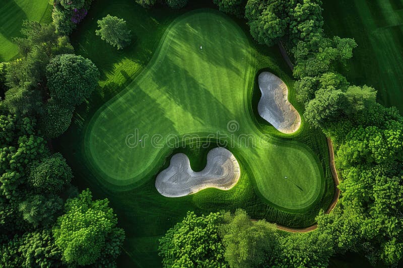 Aerial View of Golf Course with Sand Bunkers and Putting Green Grass ...