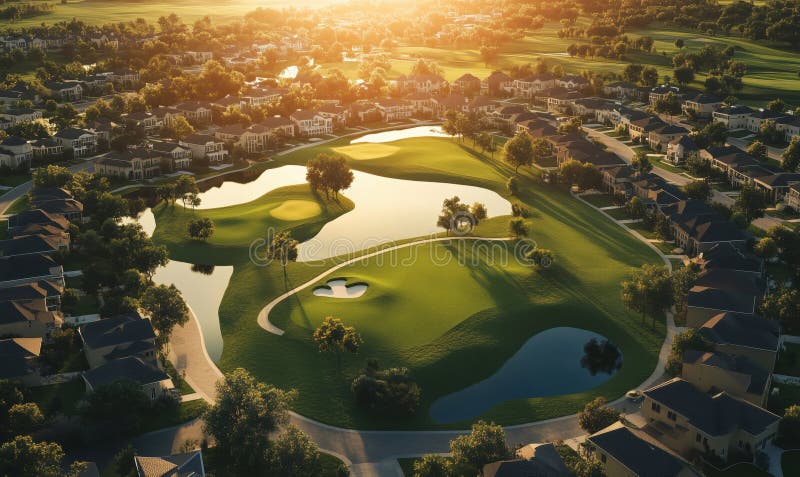 Aerial View of a Golf Course Surrounded by Residential Homes at Sunset ...