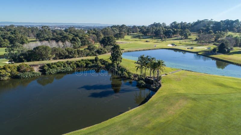 Aerial View of Golf Course with Two Water Hazard Dams, Bunkers, and ...