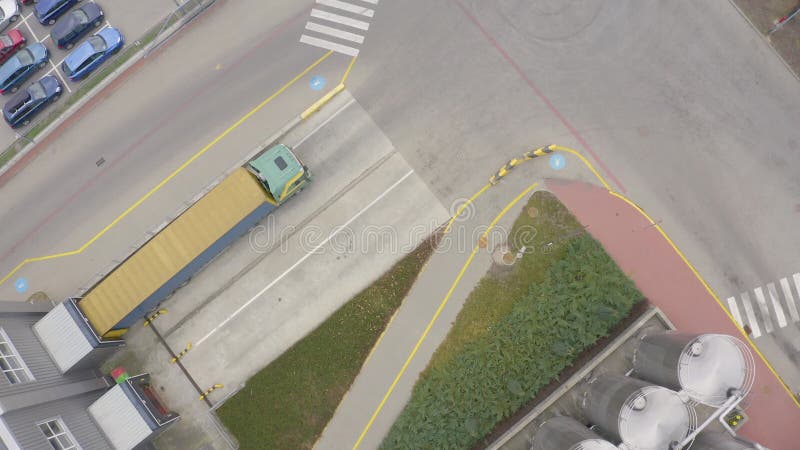 Aerial View. Goods Distribution Warehouse. Semi Trucks Loading Cargo ...