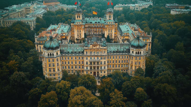Aerial View of a Grand Historical Building Surrounded by Lush Greenery ...