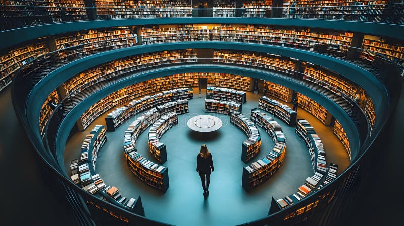 Aerial View of a Grand Library with Circular Design, Filled with Books and Study Tables for an ...