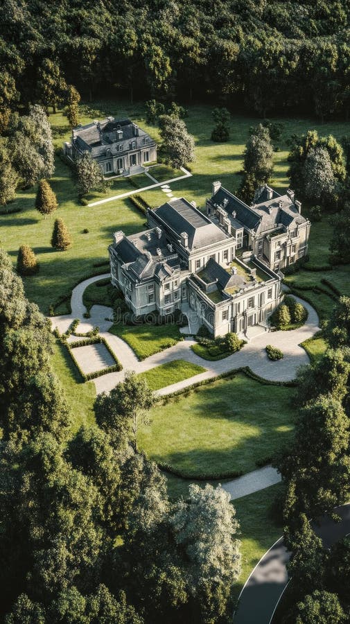 Aerial View of a Grand Manor House Surrounded by Lush Greenery Stock ...