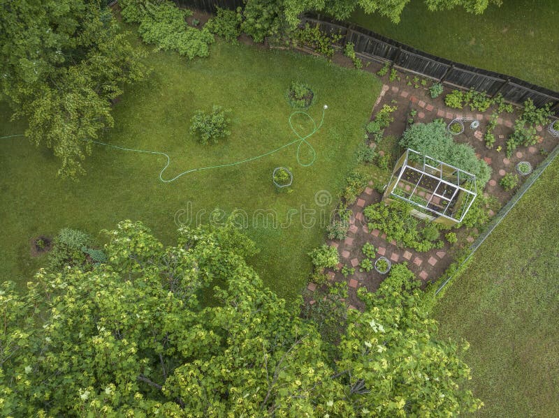 Aerial View of a Green Backyard and Garden in Spring Scenery Stock ...