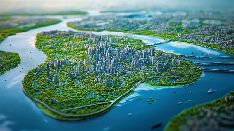 Aerial View of a Green City Island Surrounded by a River Stock ...