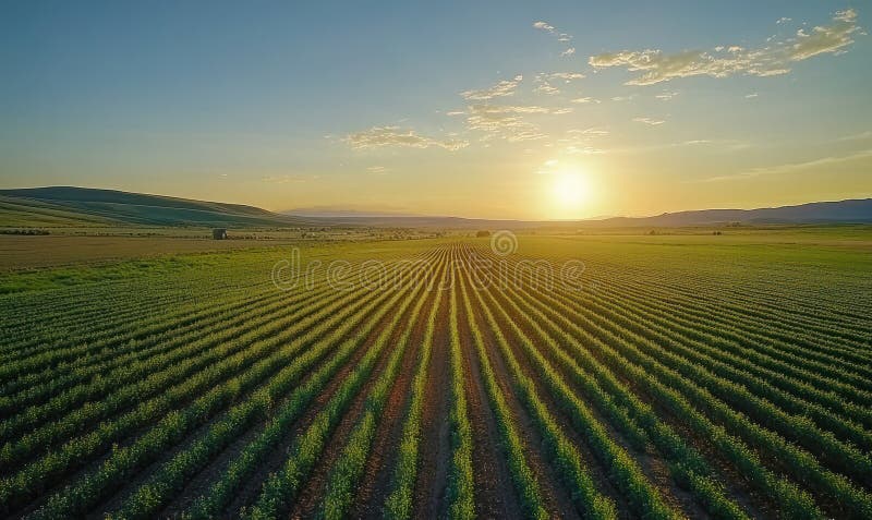 Aerial View of Green Crop Field Rows at Sunset Stock Illustration ...