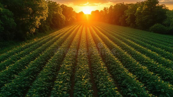 Aerial View of Green Crop Rows at Sunset Stock Image - Image of ...
