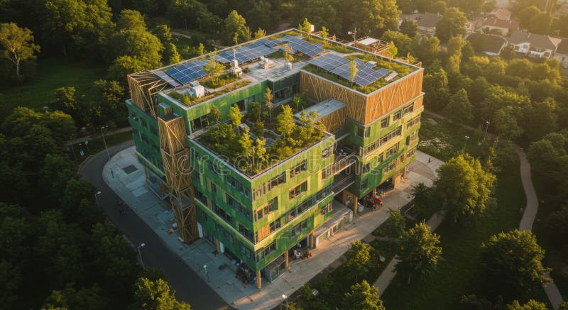 Aerial View of a Green Eco-Friendly Building with Solar Panels Stock ...