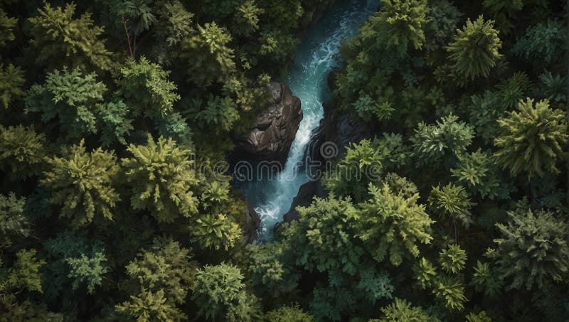 Aerial View of Green Forest Texture with a Rushing River Flowing ...