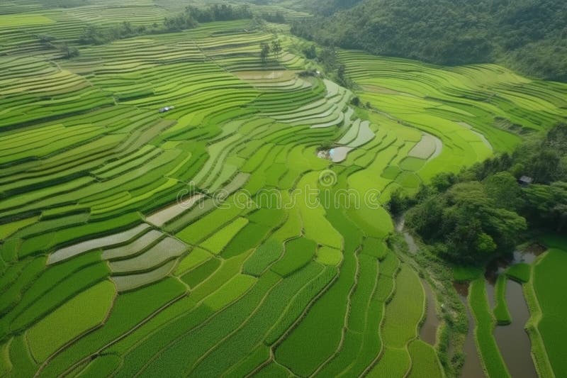 Aerial View of Green Paddy Rice Terraces Generative Ai Stock ...