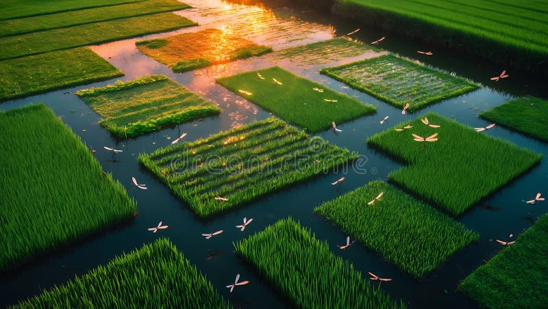 Golden Hour Rice Paddies with Dragonflies: Aerial View Stock ...