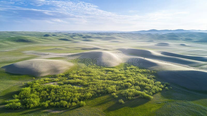 Aerial View of Green Rolling Hills and Trees Under a Blue Sky Landscape ...