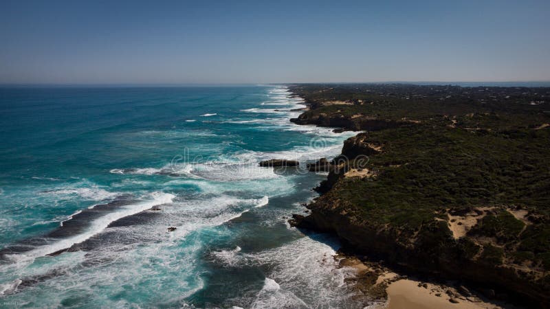 Aerial View of a Green Shoreline with an Expanse of Blue Ocean Stock ...