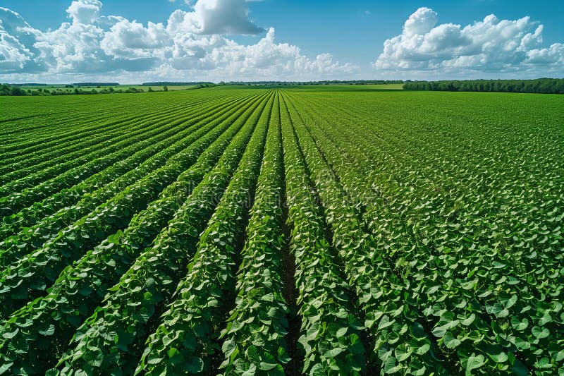 Aerial View of a Green Soybean Field with Rows of Plants in a Wide ...