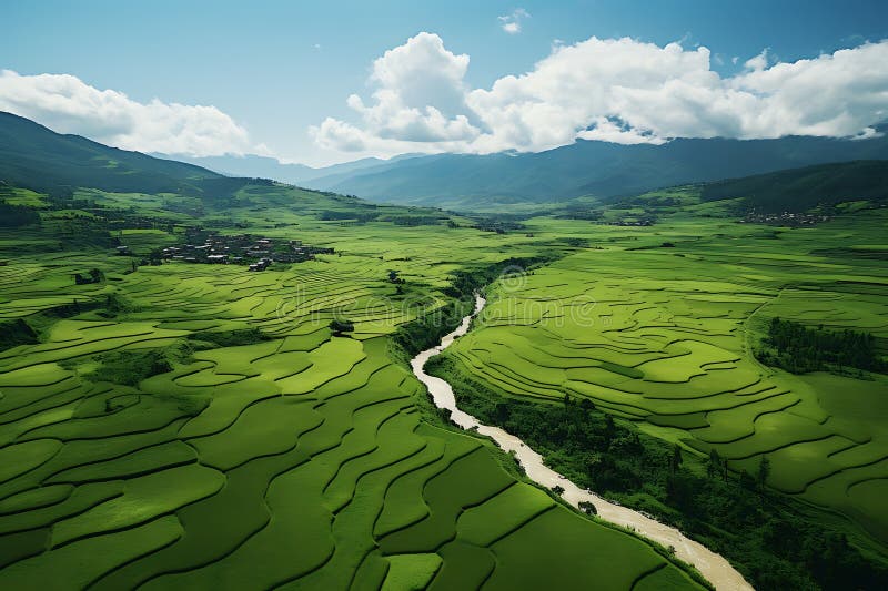 Aerial View of Green Terraced Field with Mountain Background Stock ...