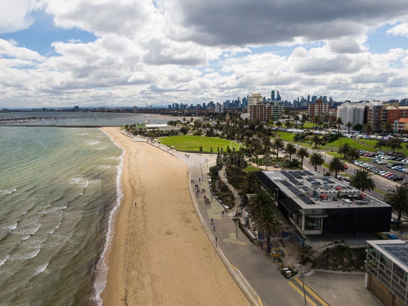 Aerial View of a Green Water Shoreline with a Sandy Beach Stock Image ...