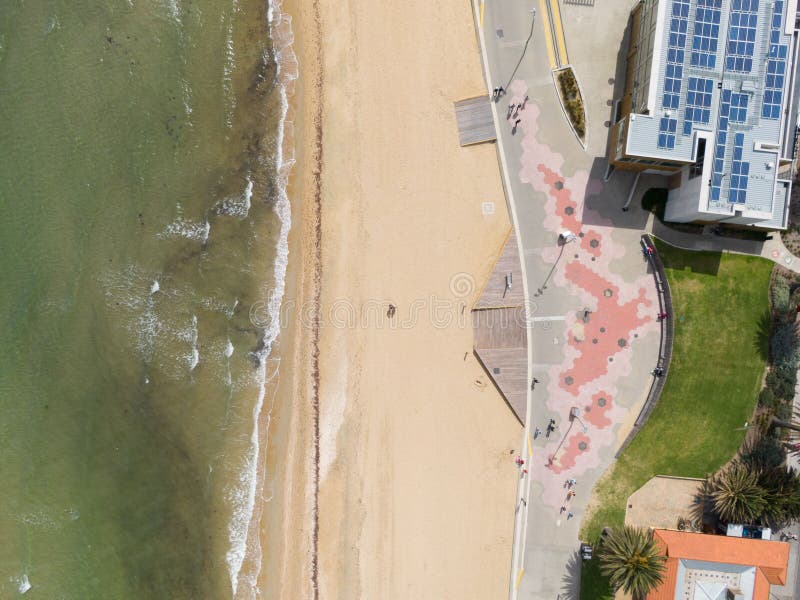 Aerial View of a Green Water Shoreline with a Sandy Beach Stock Photo ...
