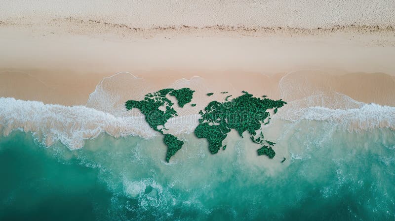Aerial View Green World Map on Beach, Ocean Waves, Environmental ...