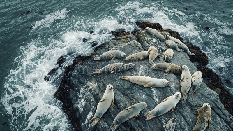 Aerial View of Harbor Seals Resting on Rocks Amidst Ocean Waves Stock ...