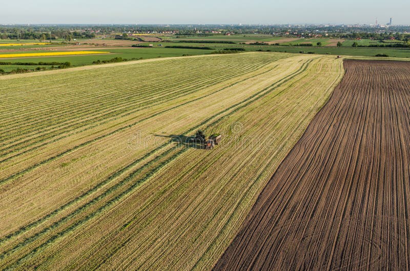 Aerial View of Harvest Fields with Combine and Tractor Stock Image ...