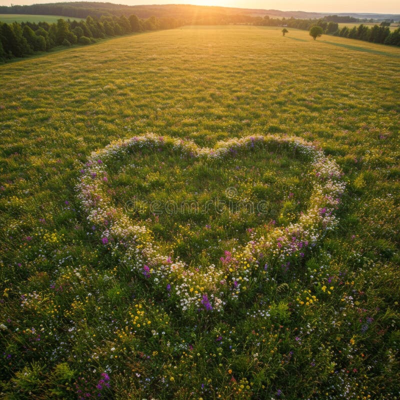Aerial View of Heart Shaped Wildflower Meadow at Sunset Stock ...