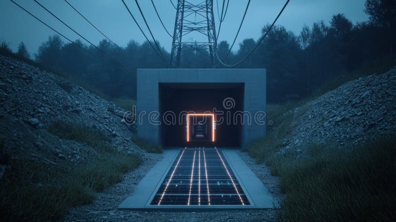 Aerial View of Hidden Underground Tech Facility with Illuminated ...