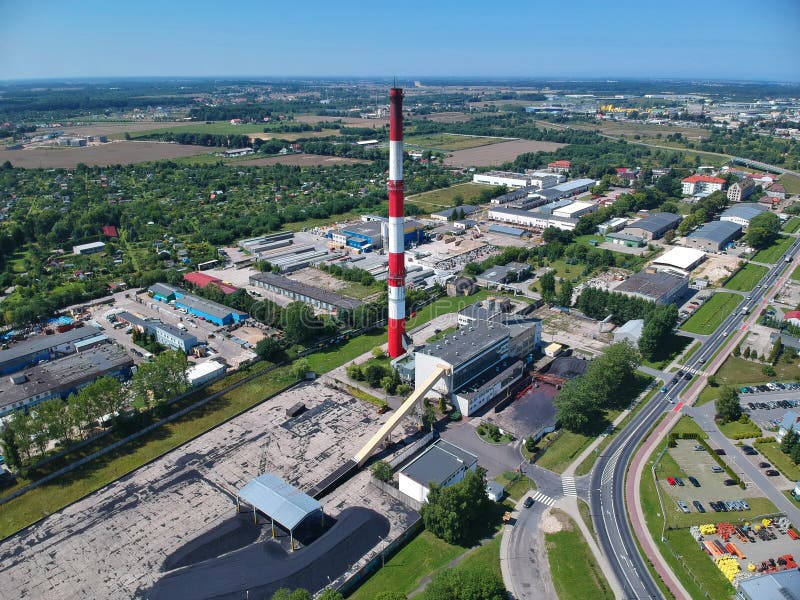 Aerial View on High Brick Chimney in Power Plant Stock Photo - Image of ...