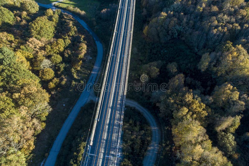 Aerial View of a High Speed Railway Bridge at Sunset Stock Image ...